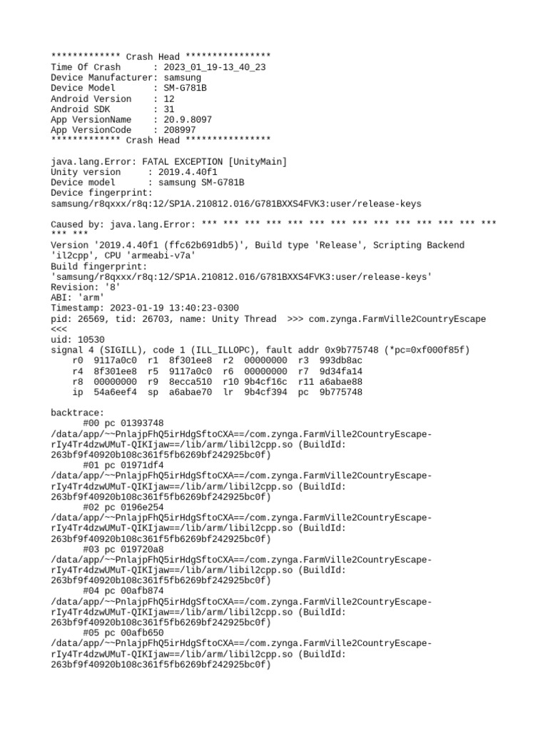 Fatal Exception Crash Report from FarmVille 2 on Samsung Device | PDF ...