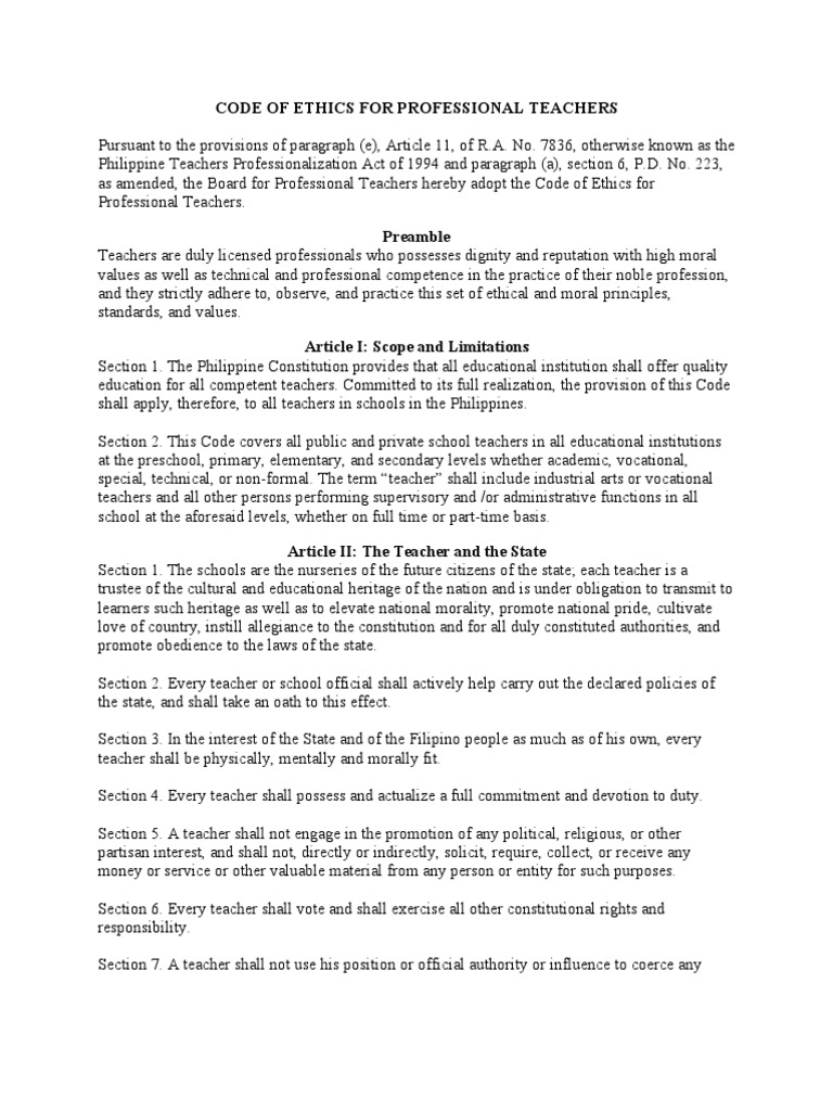 Code of Ethics For Professional Teachers | PDF | Profession | Teachers