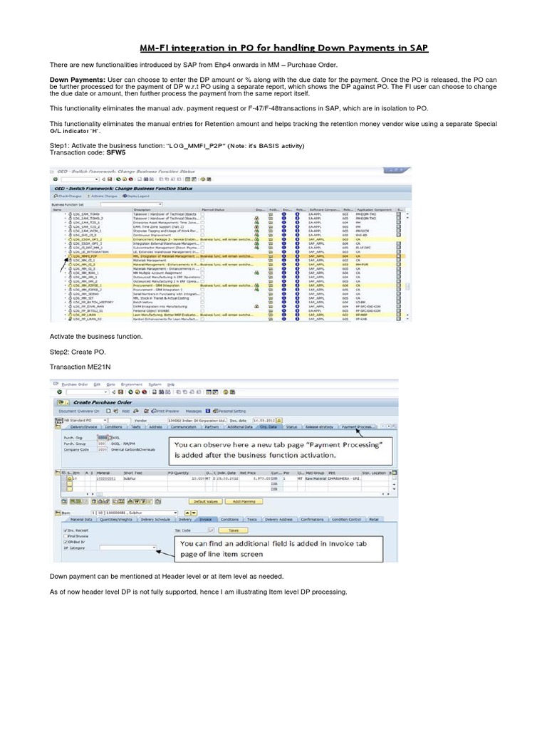 MM-FI Integration in PO For Handling Down Payments in SAP | PDF | Business