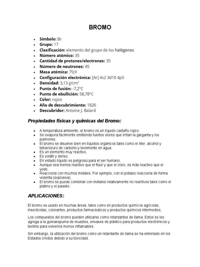 Propiedades, aplicaciones y descubrimiento del bromo | PDF