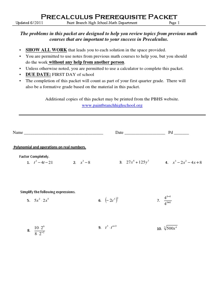 Precalculus Review Packet for Students | PDF