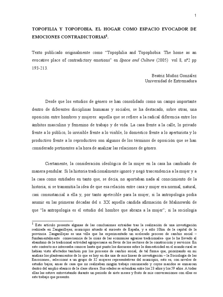 Topofilia y Topofobia. El Hogar Como Espacio Evocador de Emo | PDF ...