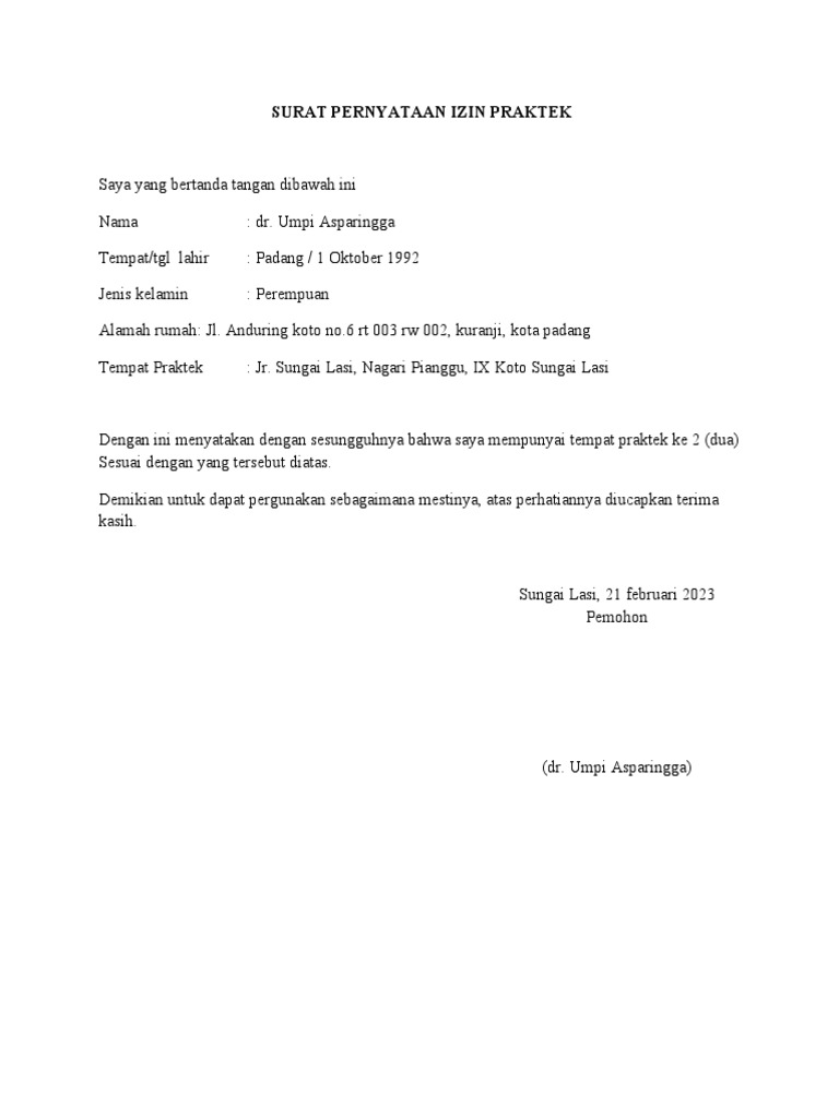 SURAT - PERNYATAAN - IZIN - PRAKTEK - KEBERAPA Uum | PDF
