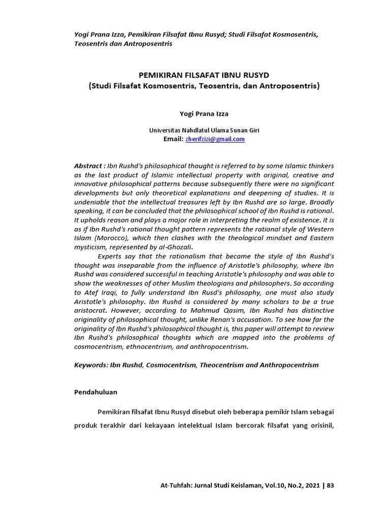 Ibn Rusyd's Philosophy on Cosmocentrism, Theocentrism and ...