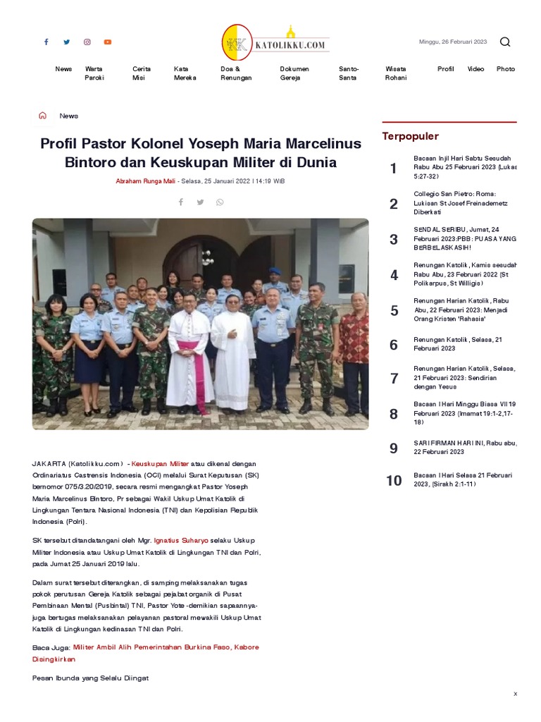 Profil Pastor Kolonel Yoseph Maria Marcelinus Bintoro Dan Keuskupan ...