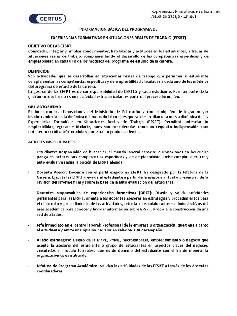 Informacion Basica Del Programa de EFSRT | PDF | Business