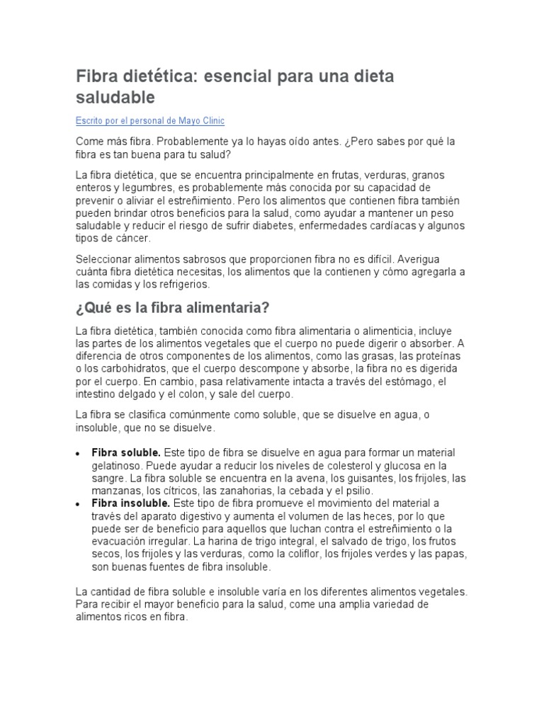 Beneficios de la Fibra para la Salud | PDF | Dieta y nutrición | Fibra ...