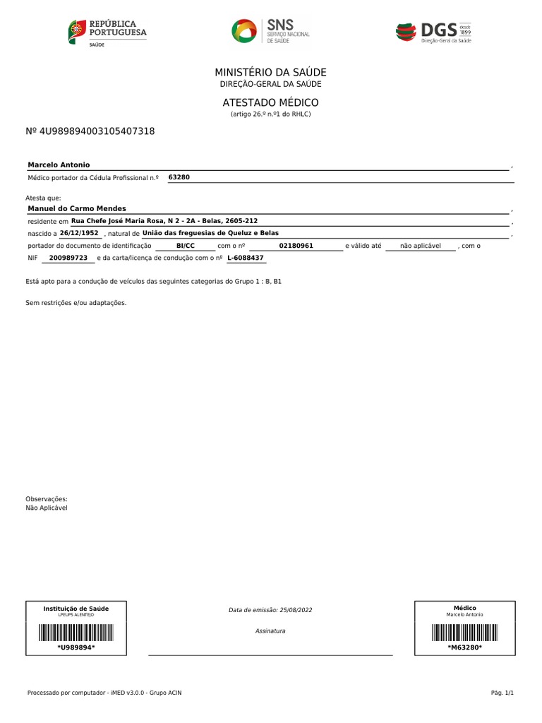 Atestado Médico para Carta de Condução | PDF