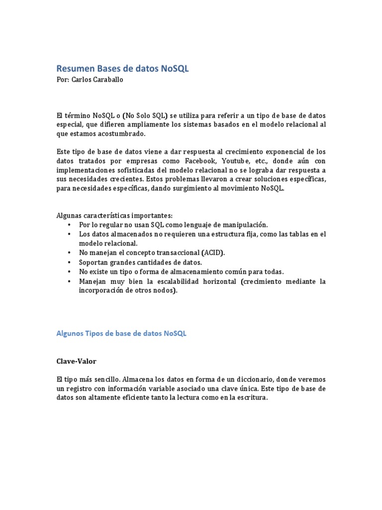 Resumen NoSql | Descargar gratis PDF | No Sql | Bases de datos