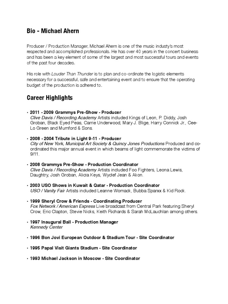 Michael Ahern: Music Industry Producer | PDF | Concert | Music Industry