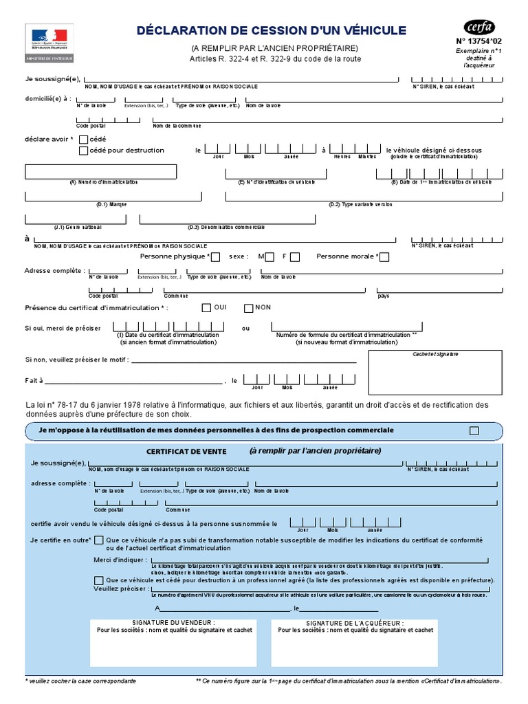 Cerfa 13754 Declaration de Cession Dun Vehicule | PDF | Véhicules ...