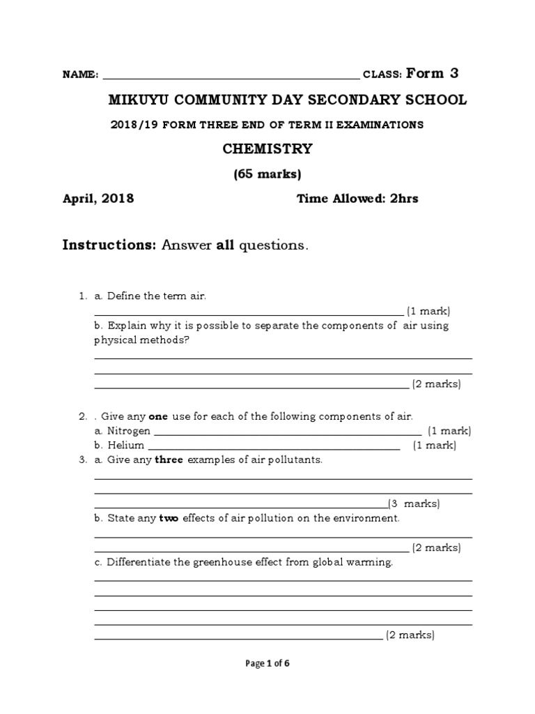 Chemistry Form 3 End of Term Ii | PDF | Methane | Ammonia