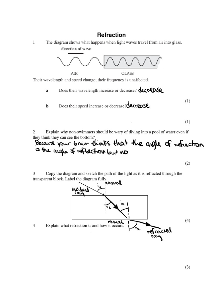 Refraction Worksheet and Activities | PDF
