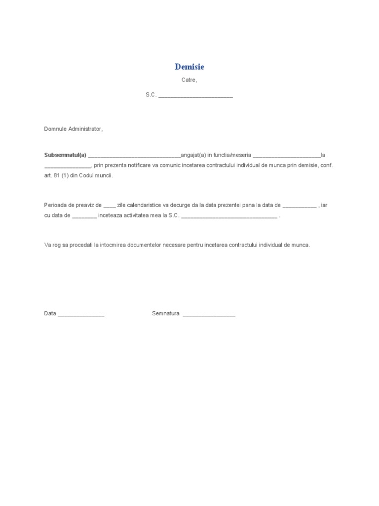 Model Demisie Cu Preaviz | PDF