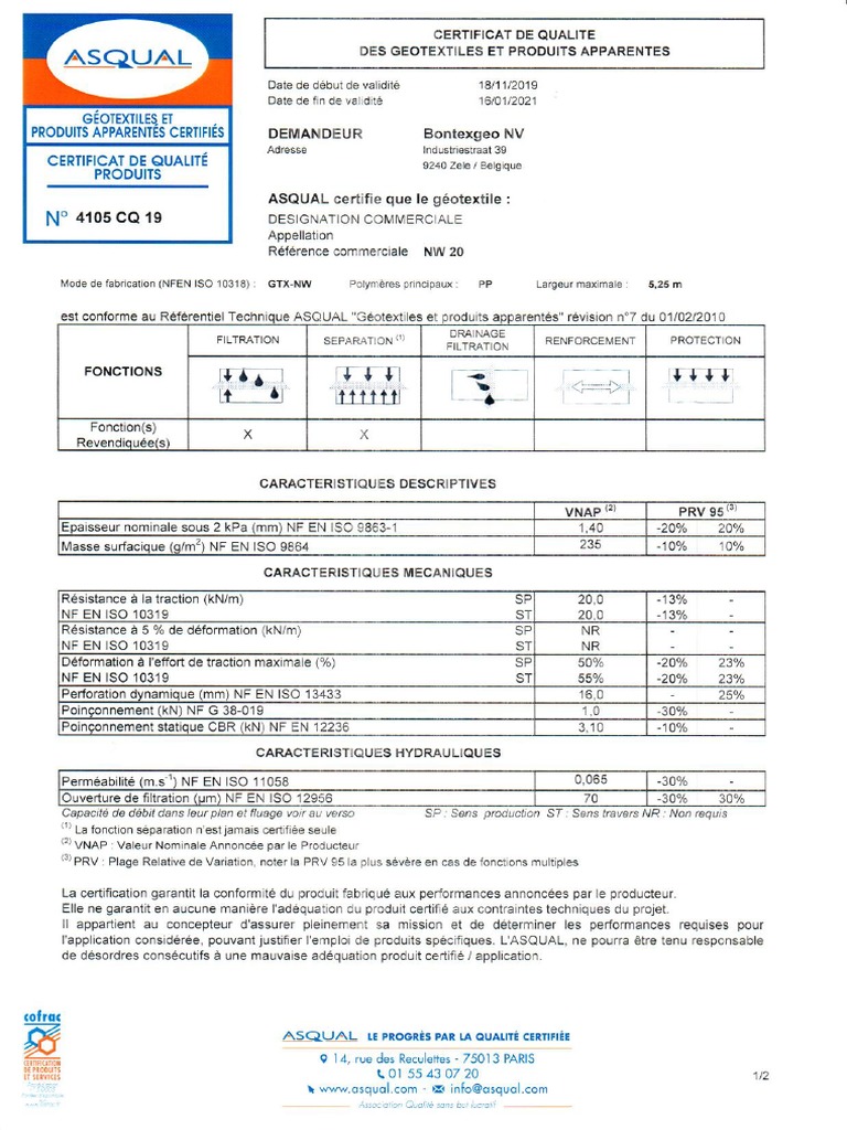 Asqual Certificate - NW 20 - FRE 20191118 | PDF