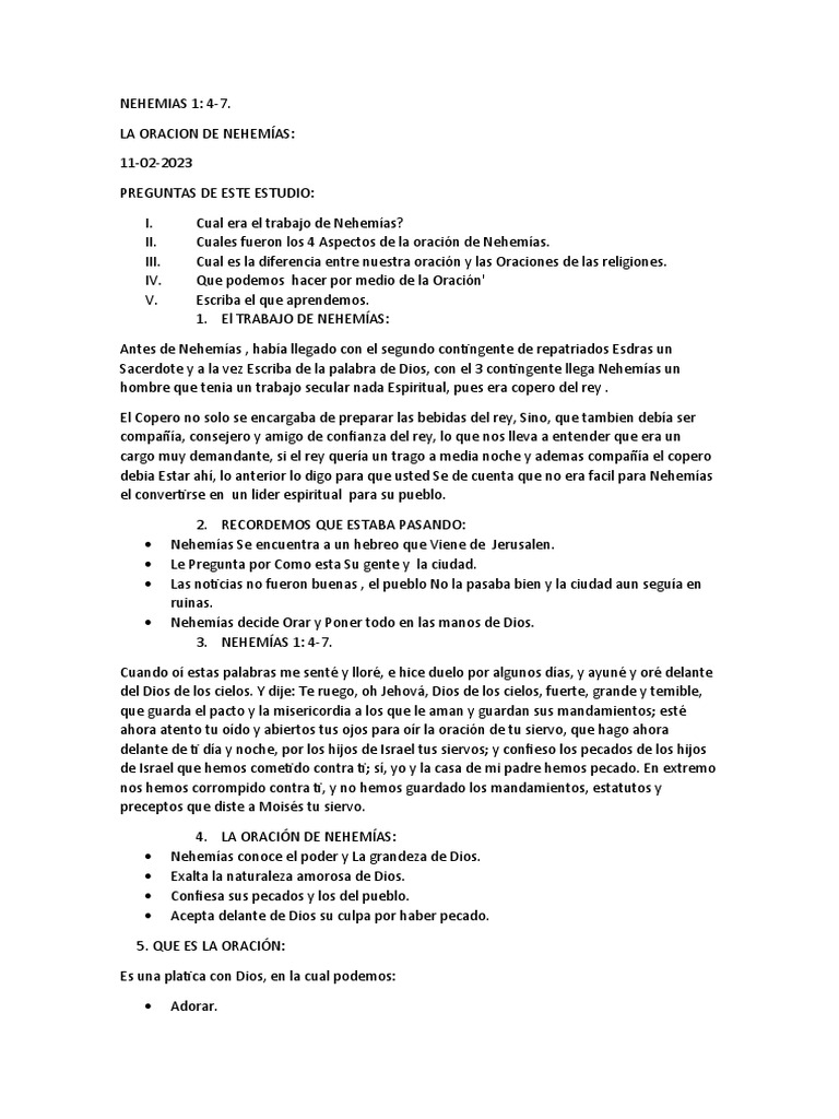 La Oracion de Nehemias Nehemias 1 Del 4 Al 7 | PDF | Pecado | Oración