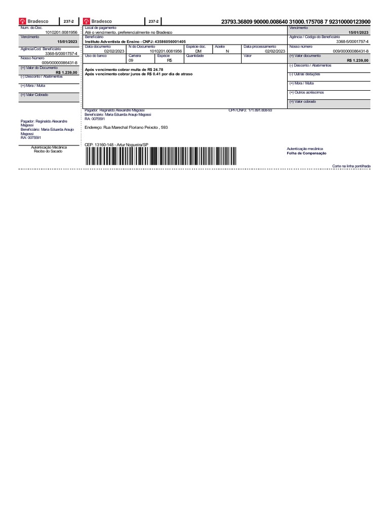 Recibo de pagamento de mensalidade escolar emitido para Reginaldo ...