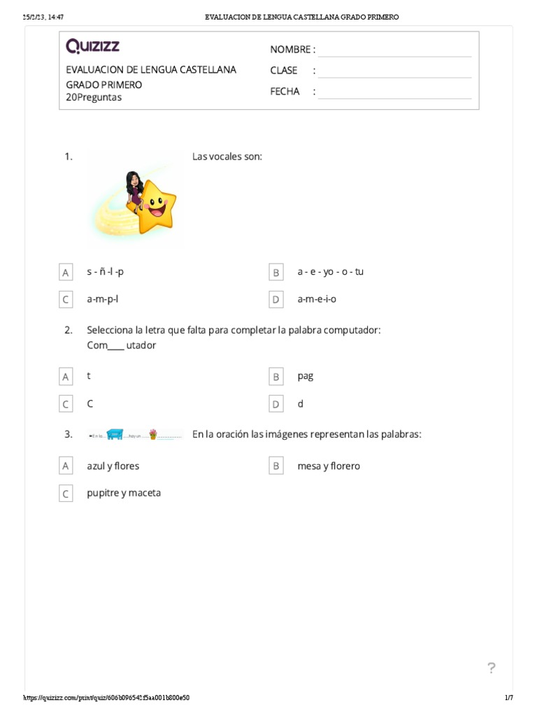 Evaluación Lengua Castellana 1° Grado | PDF | Lingüística