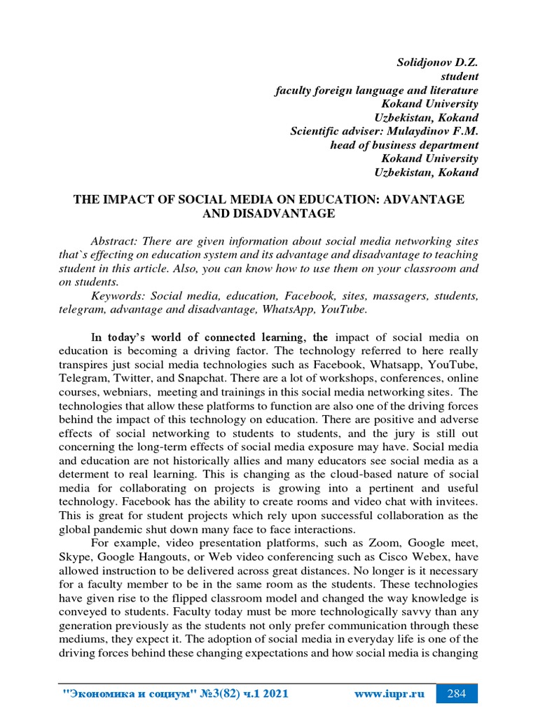 The Impact of Social Media On Education Advantage and Disadvantage | Download Free PDF | Social ...