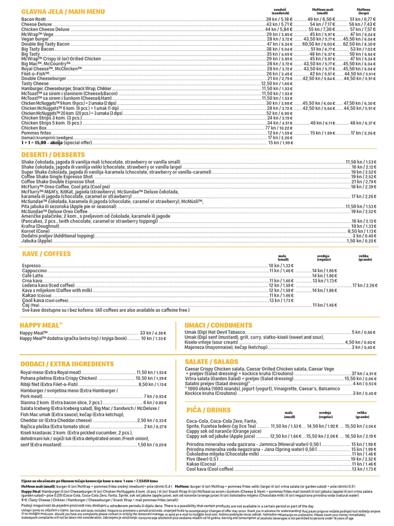 McDonald's Mall of Split Cjenik | PDF | Hamburgers | Food And Drink