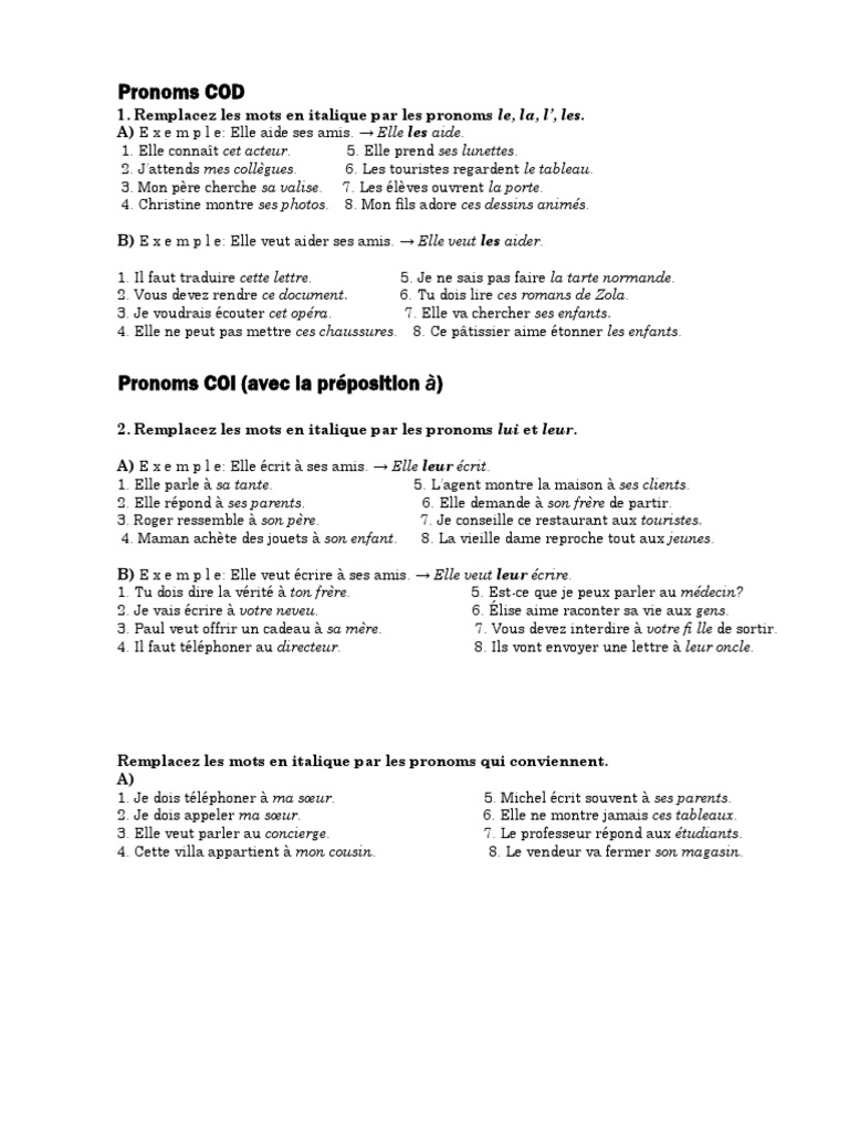Exercices sur les pronoms COD et COI | PDF | Arts du langage et ...