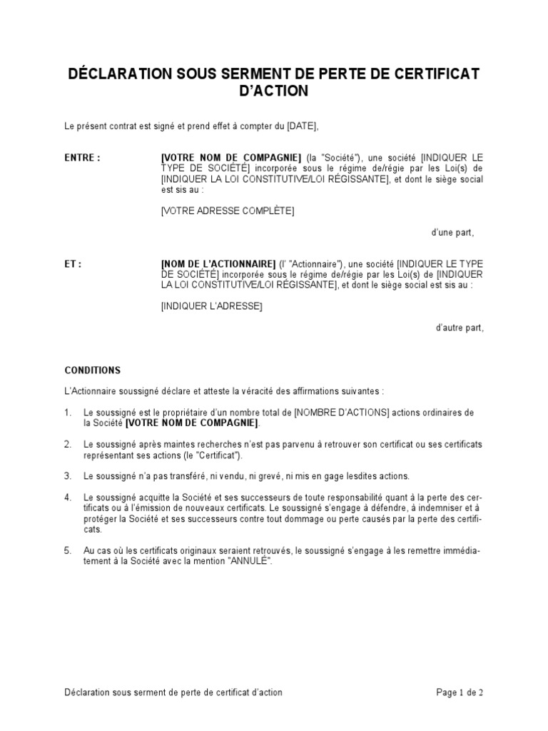 Déclaration Sous Serment de Perte de Certificat D - Action | PDF