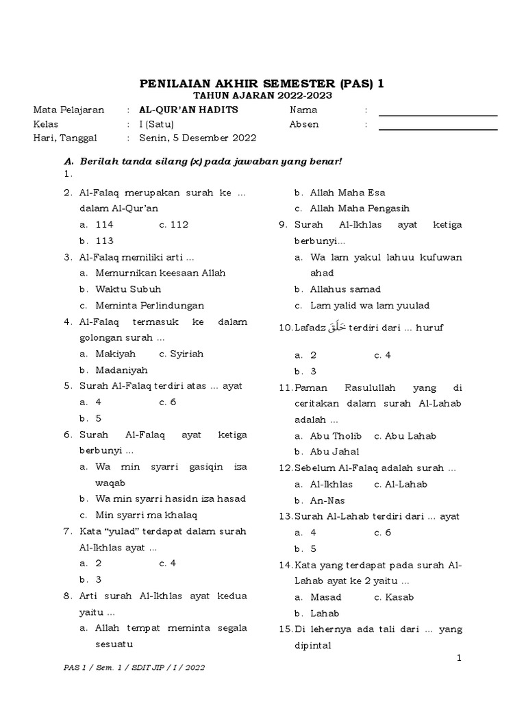 Al-Qur'an Hadits Kelas 1 | PDF