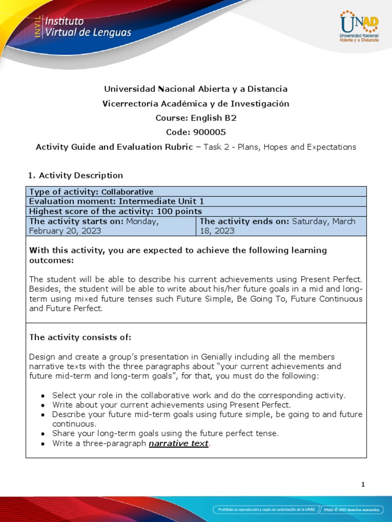 Activity Guide and Evaluation Rubric - Unit 1 - Task 2 - Plans, Hopes and Expectations | PDF ...