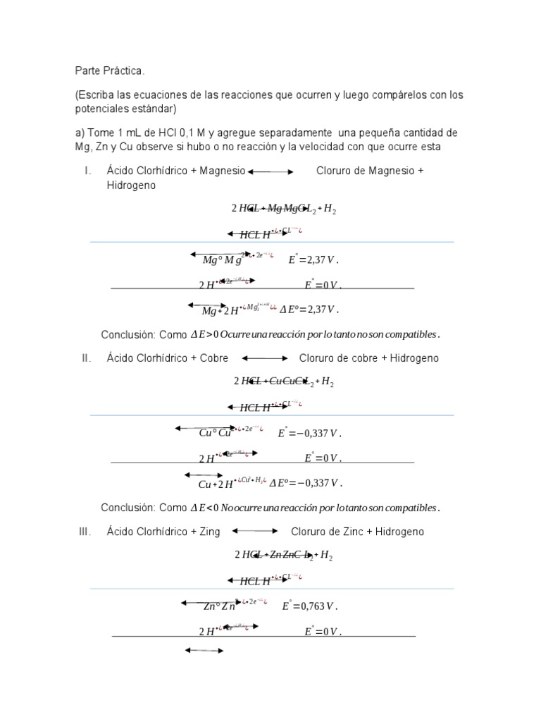Parte Practica (Lab. Electroquimica, Synnel T) | PDF | Ácido clorhídrico | Cloruro