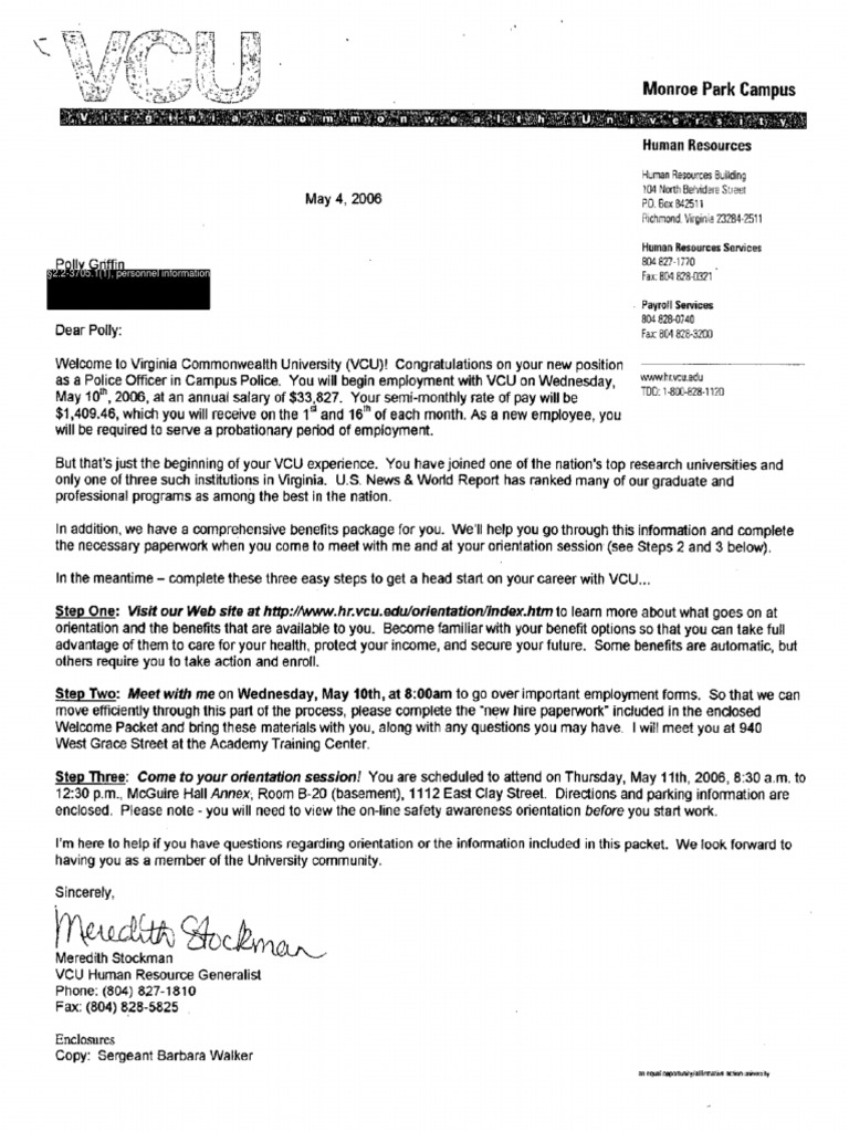 Polly Griffin VCU Police Offer Letter, Redacted | PDF