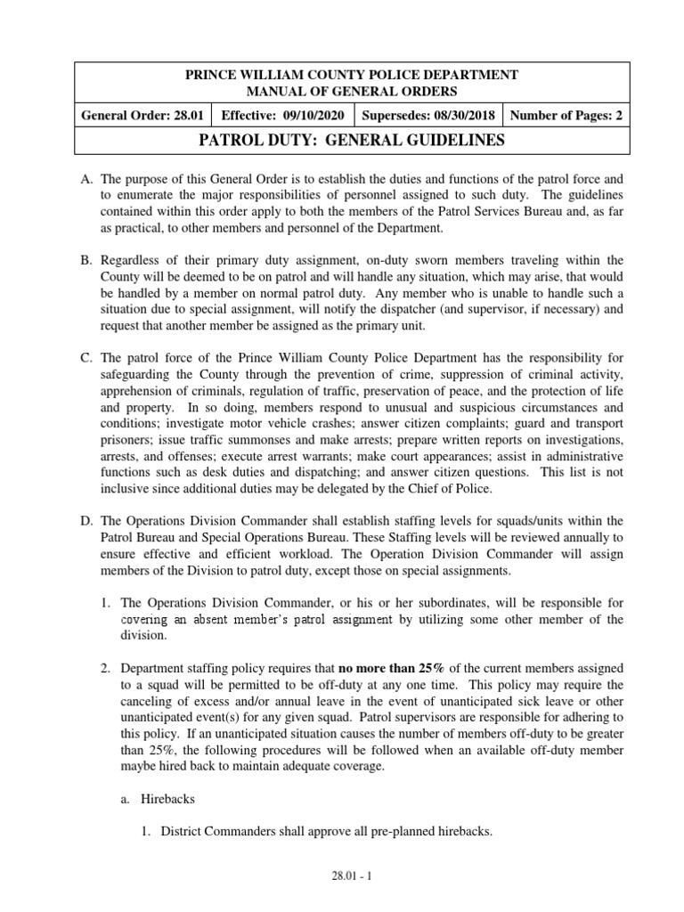 Prince William County Patrol General Orders Manual, Redacted (VFOIA 2022) | PDF | Police | Traffic