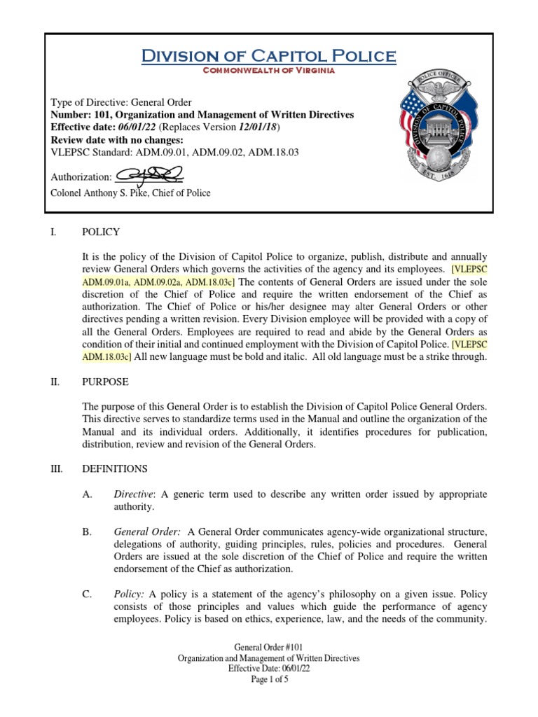Virginia Division of Capitol Police General Orders Manual | PDF ...