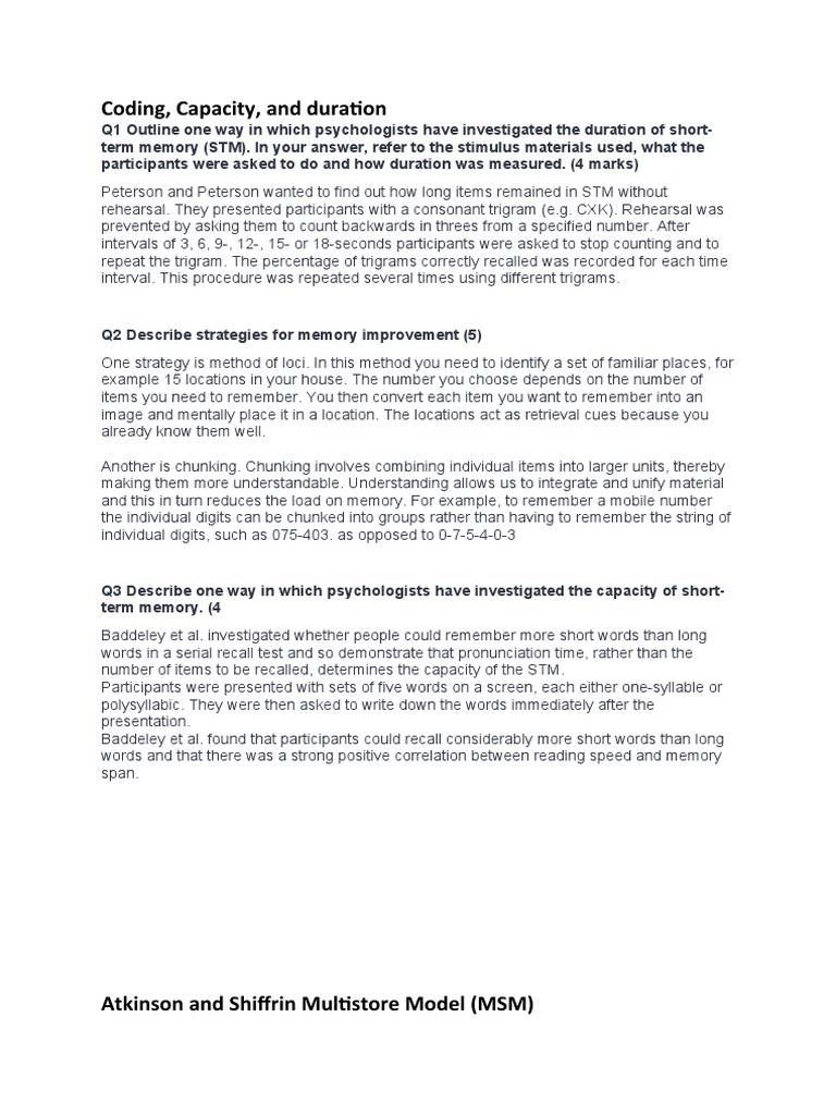 Memory Exam Questions Practise | PDF | Memory | Recall (Memory)