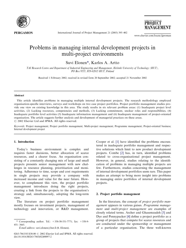 Problems in Managing Internal Development Projects in Multi-Project Environments | PDF | Business
