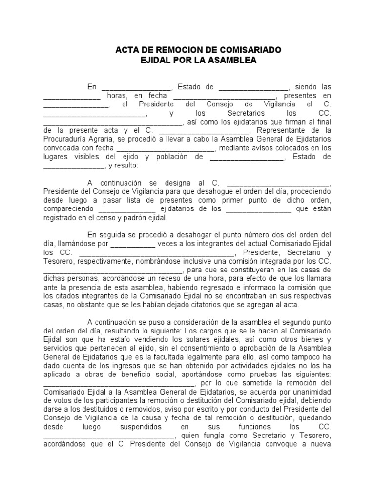Acta de Remocion de Comisariado Ejidal Por La Asamblea | PDF | Derecho