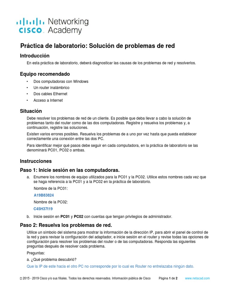 6.2.2.5 Lab - Solución de Problemas de Red | PDF | Red de computadoras | Enrutador (Computación)