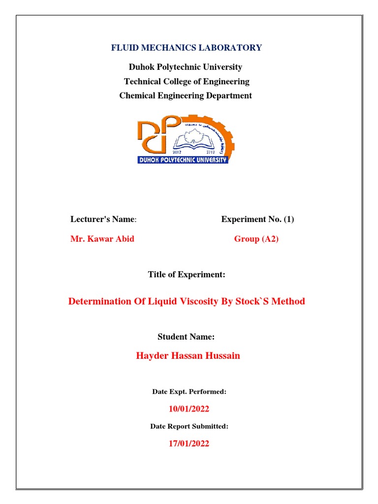 Determination of Liquid Viscosity by Stock'S Method (Fluid Exp 1) | PDF ...