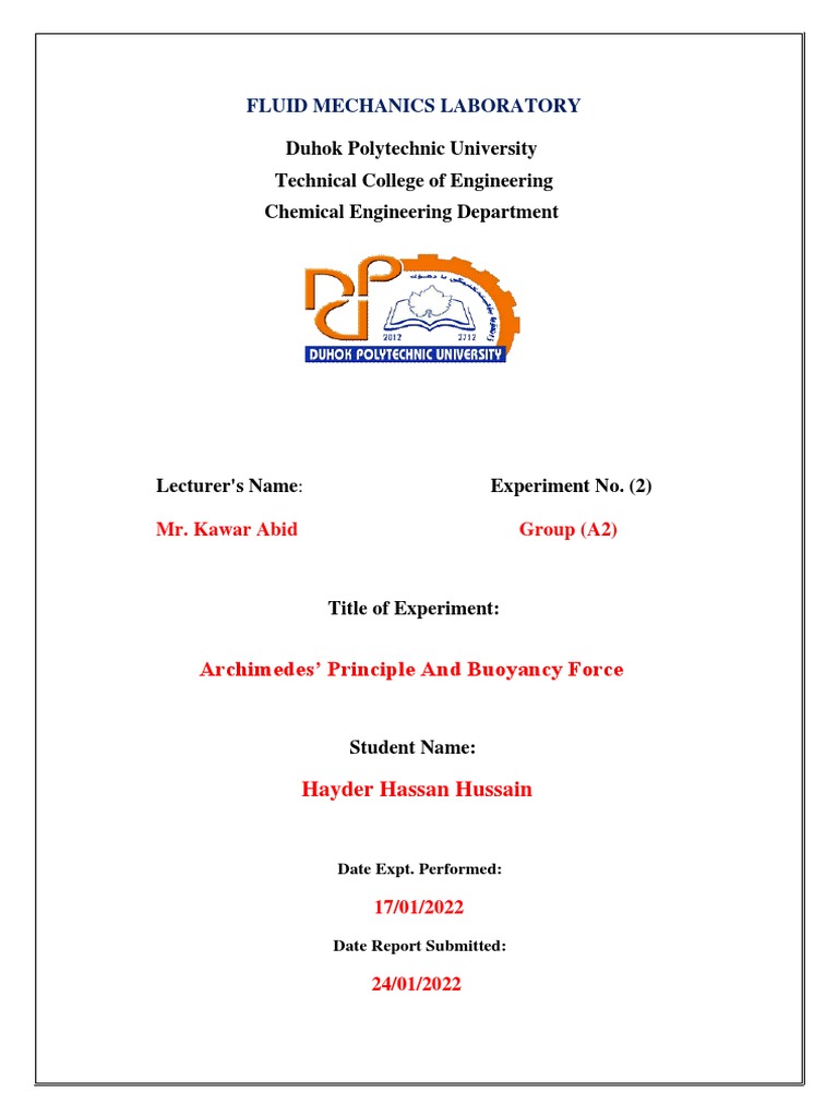 Archimedes' Principle and Buoyancy Force (Fluid Exp 2) | PDF | Buoyancy ...