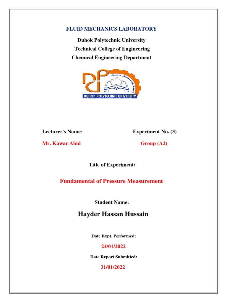 Fundamental of Pressure Measurement (Fluid Exp 3) | PDF | Pressure ...