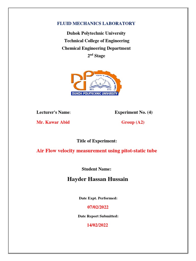 Air Flow Velocity Measurement Using Pitot-Static Tube (Fluid Exp 4) | PDF | Pressure | Fluid ...
