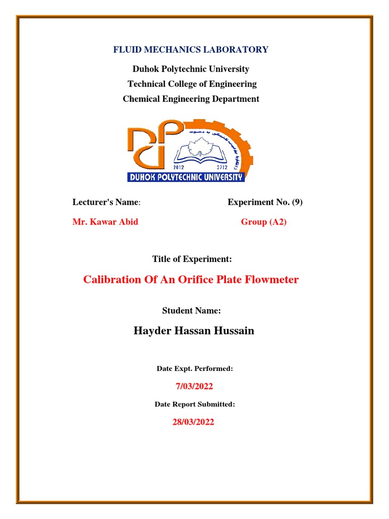 Calibration of An Orifice Plate Flow Meter (Fluid Exp 8) | PDF | Flow Measurement | Plumbing