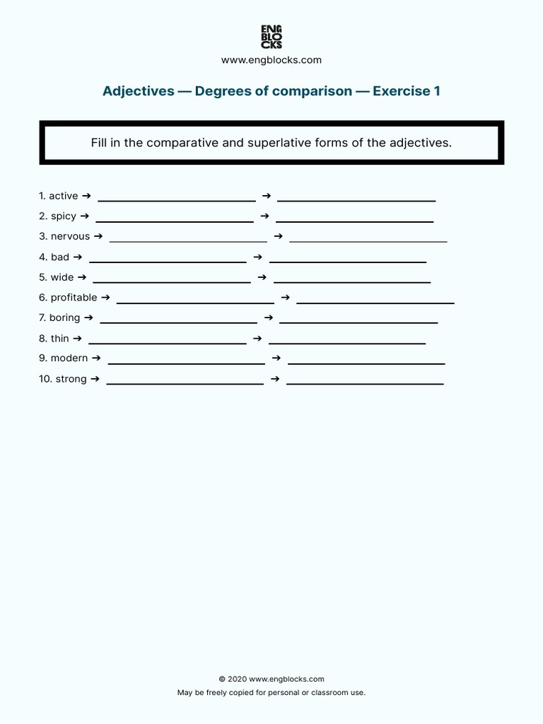 Adjectives Degrees of Comparison Exercise 1 | PDF