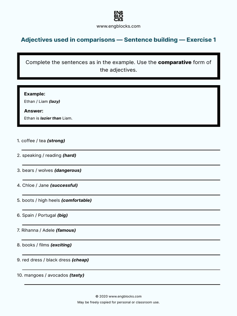 Adjectives Used in Comparisons Sentence Building Exercise 1 | PDF