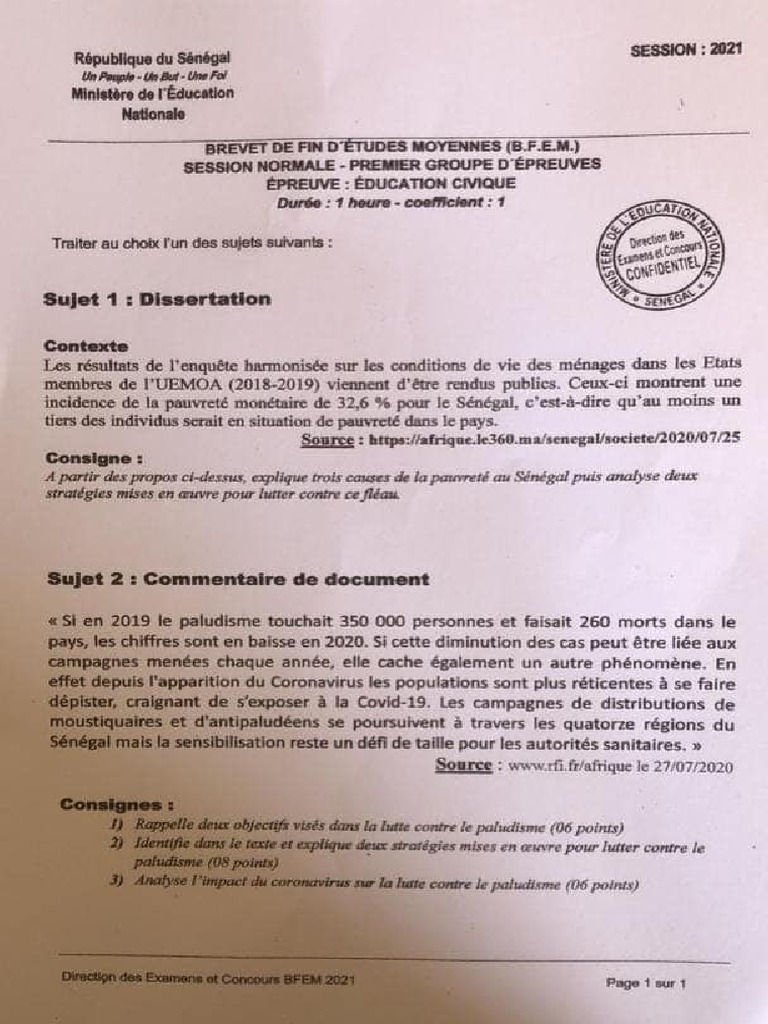 Bfem 2021 Epreuve Education Civique 1er Groupe, Senegal | PDF