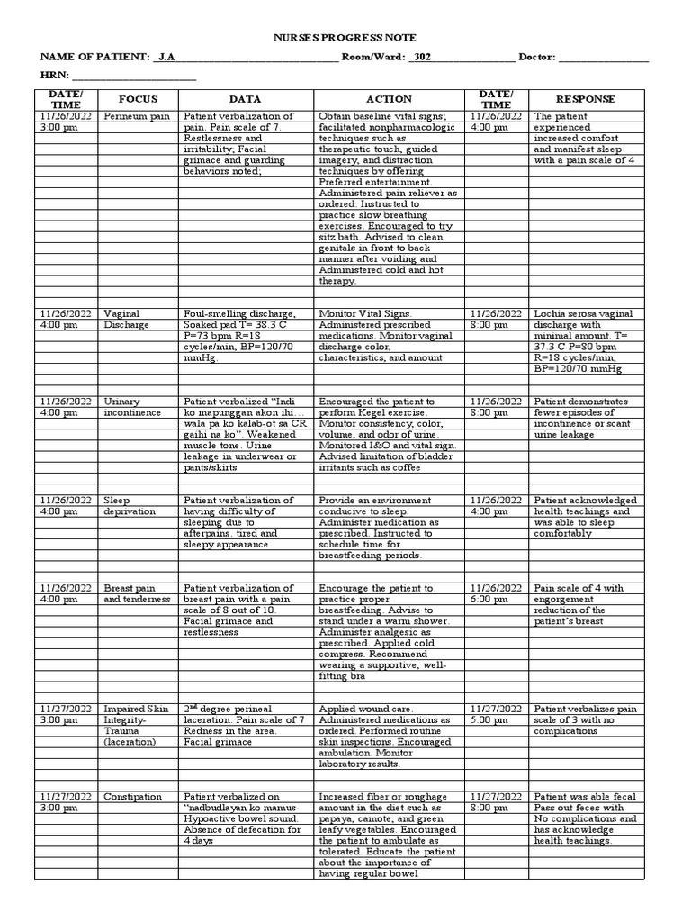 FDAR CHARTING POSTPARTUM, Nurse's Progress Notes | PDF | Urinary ...