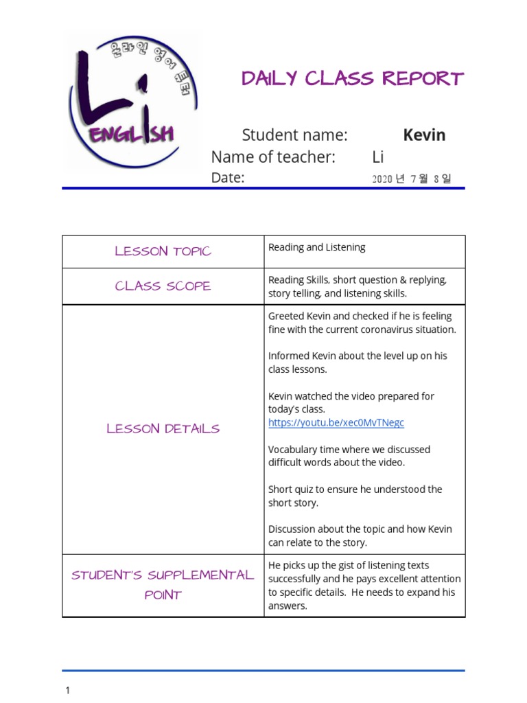 Daily Class Report - KEVIN | PDF | Cognition | Learning