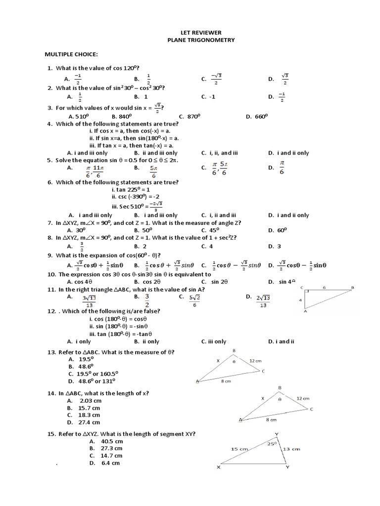 Math Let Reviewer 43 Plane Trigonometry | PDF | Trigonometric Functions | Elementary Geometry