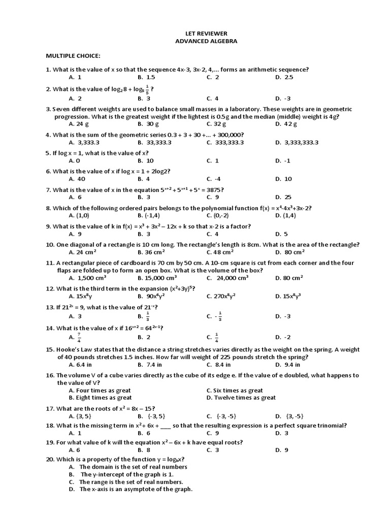 Advanced Algebra LET Reviewer | PDF | Algebra | Zero Of A Function