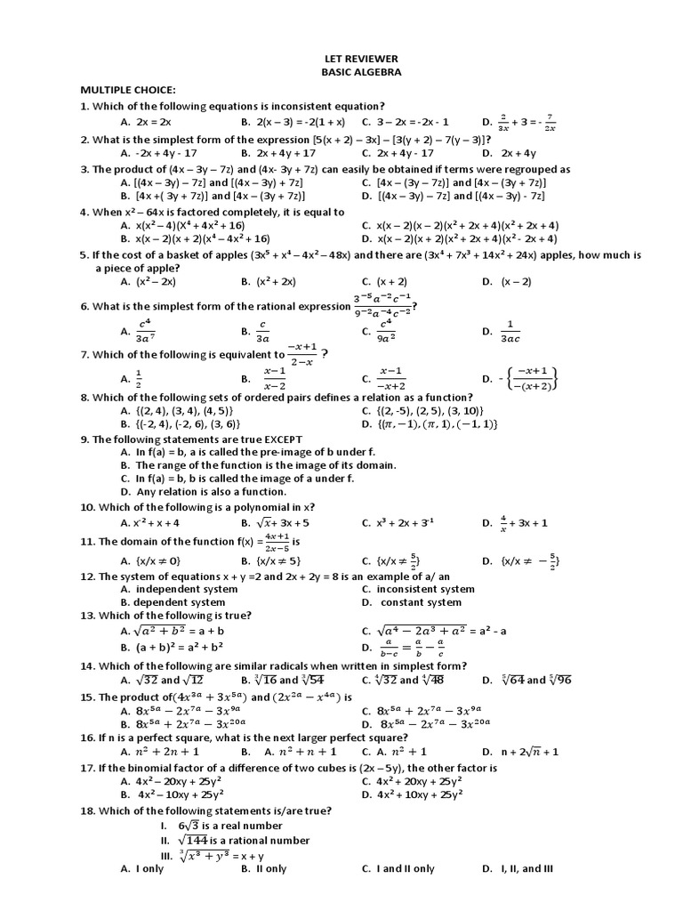 Math Let Reviewer 40 Basic Algebra | PDF | Function (Mathematics) | Length
