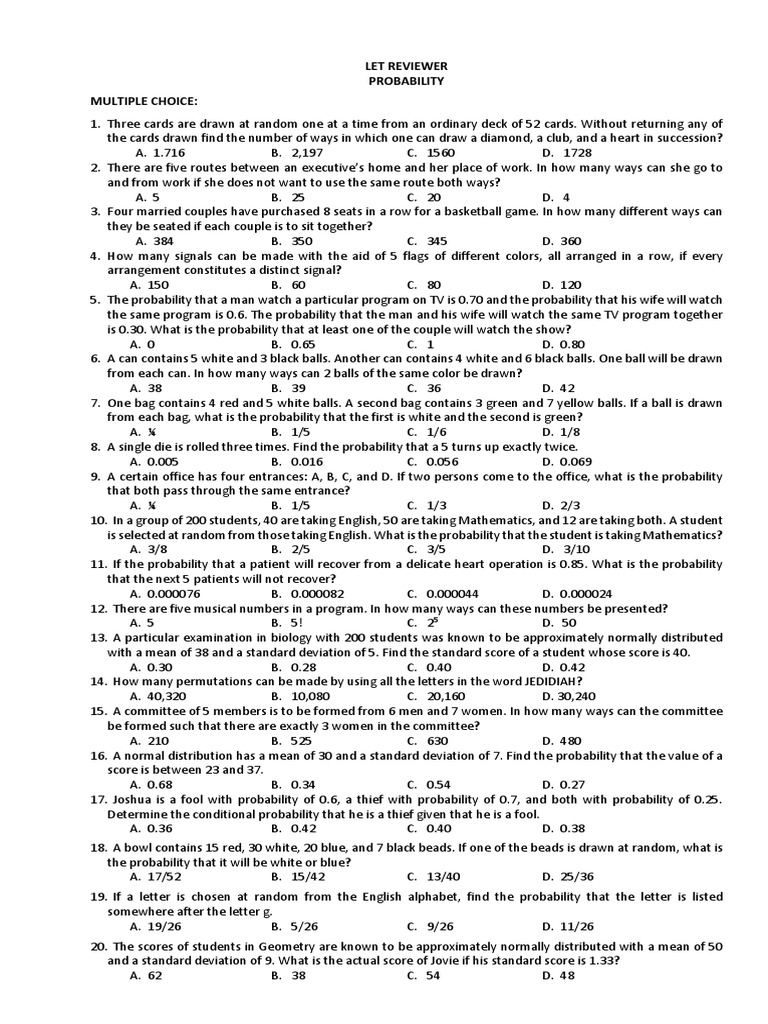 Math Let Reviewer 45 Probability | PDF | Odds | Normal Distribution